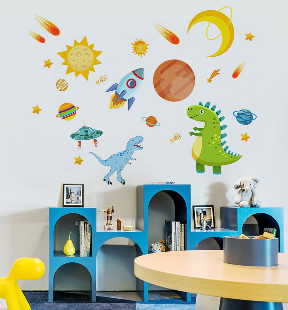Dinosaur Outer Space Wall Decals, Dino Rocket Spaceship Decor Animal Planet Solar System Wall Sticker for Kid’s Bedroom Nursery Playroom Classroom Wall Decor