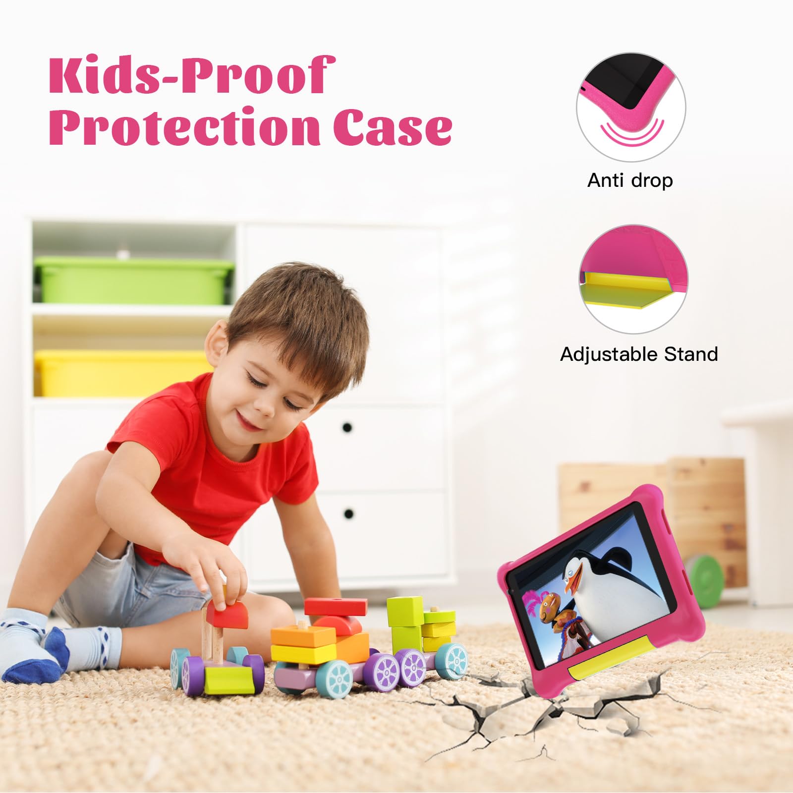 Anyway.go Kids Tablet 7 inch Tablet for Kids Android 12 Tablet 2GB 32GB Kid Tablet, Parent Controls, Dual Camera, Kidoz Pre-Installed Children Learning Tablet with Case (Pink)