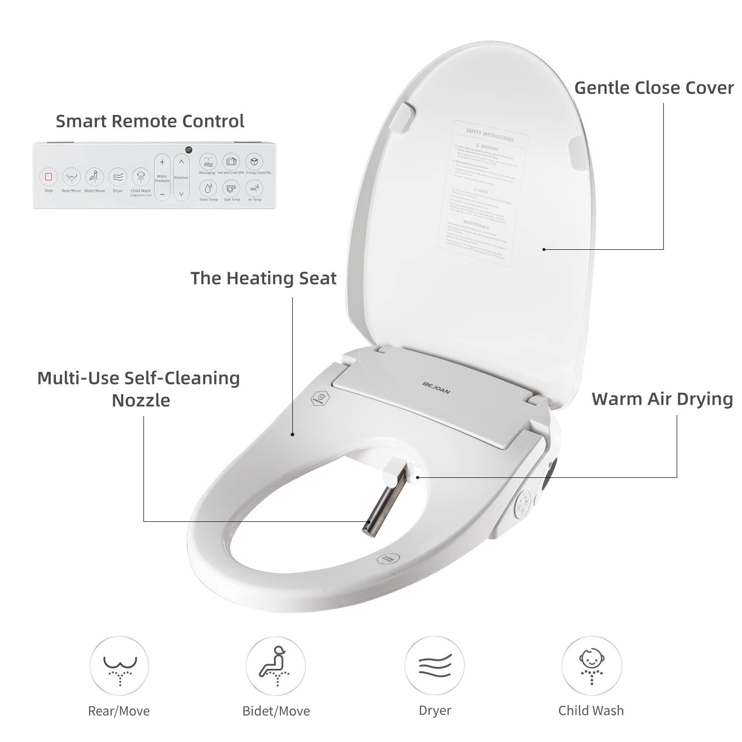 Bejoan Bidet Toilet Seat Electronic X3, Endless Warm Water, Heated Smart Bidet Seat with Warm Air Dryer, Deodorizer, Nightlight, Prewetting, Remote Control, Self Cleaning, White - Elongated