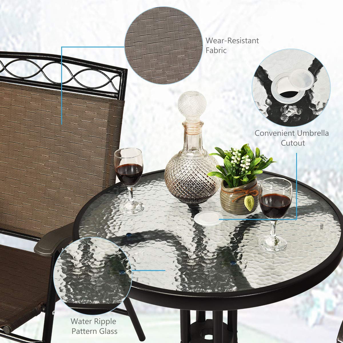 renatone 3 Piece Patio Bistro Set, Outdoor Bistro Dining Furniture Set Table & Folding Chairs for Garden, Pool, Backyard, Tempered Glass Tabletop with Umbrella Hole