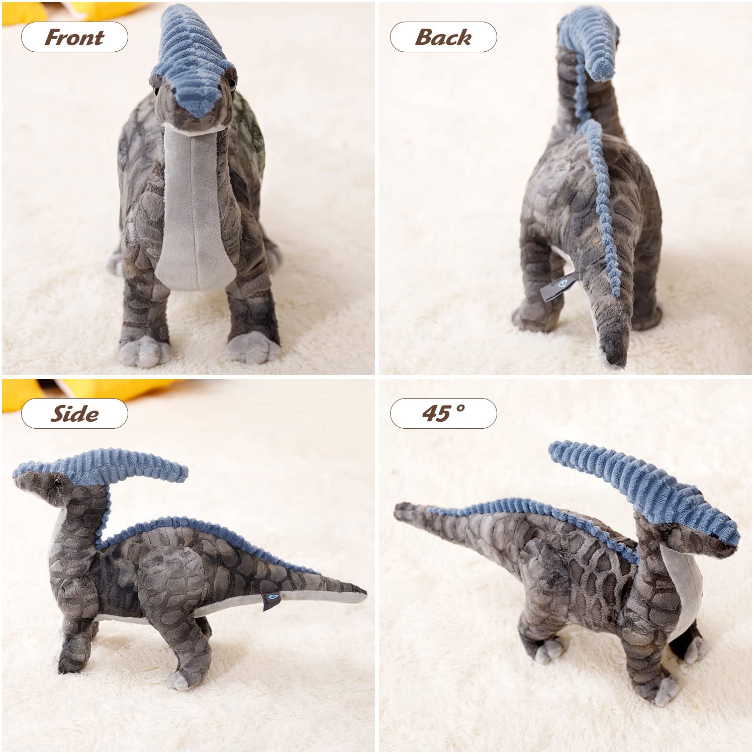 Dinosaur Plush Toy, 16" Parasaurolophus Stuffed Animal Throw Plushie Pillow Doll, Soft Grey Fluffy Friend Hugging Cushion - Present for Every Age & Occasion