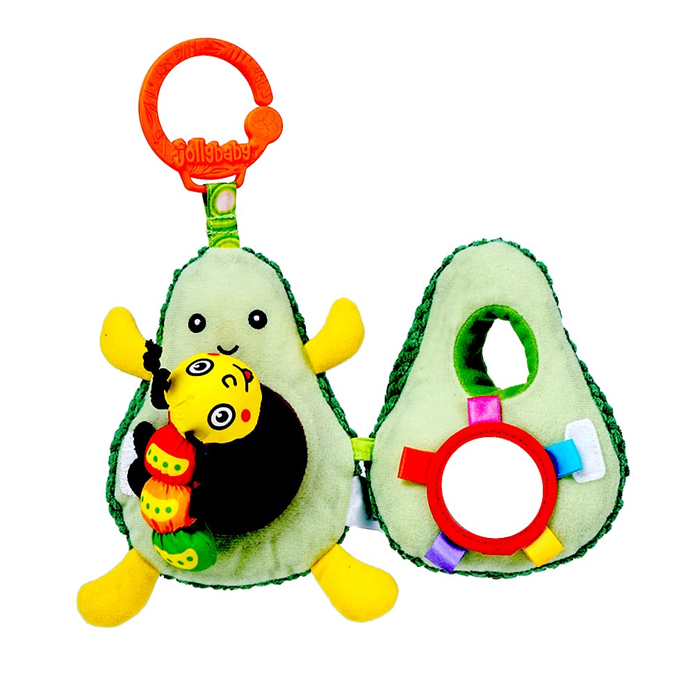 Avocado Stroller Toy with Peekaboo Caterpillar and Mirror, Soft Hanging Rattle & Crinkle Set, Sensory Plush Rattle Toy, Caterpillar Eating Avocado