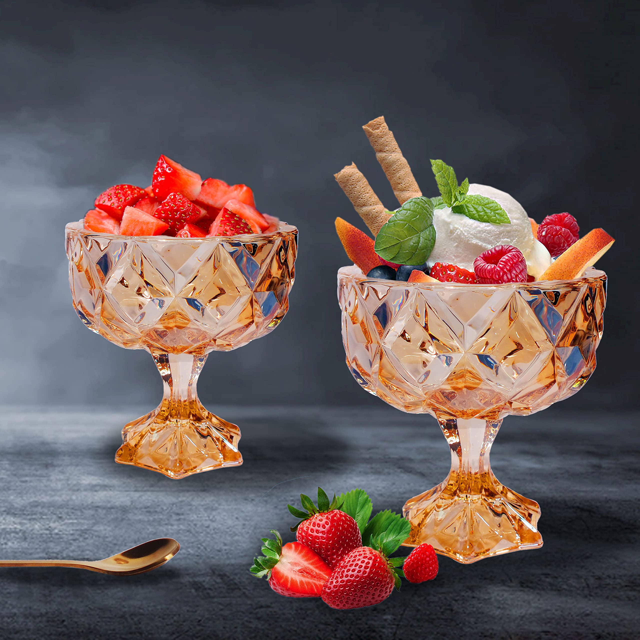 binsakao Amber Glass Dessert Bowls with Spoon, Ice Cream Bowls for Fruit Salad Milkshakes Trifle Pudding Snack Cocktail Drinks Condiment Sundae Party (10 oz, Set of 2)