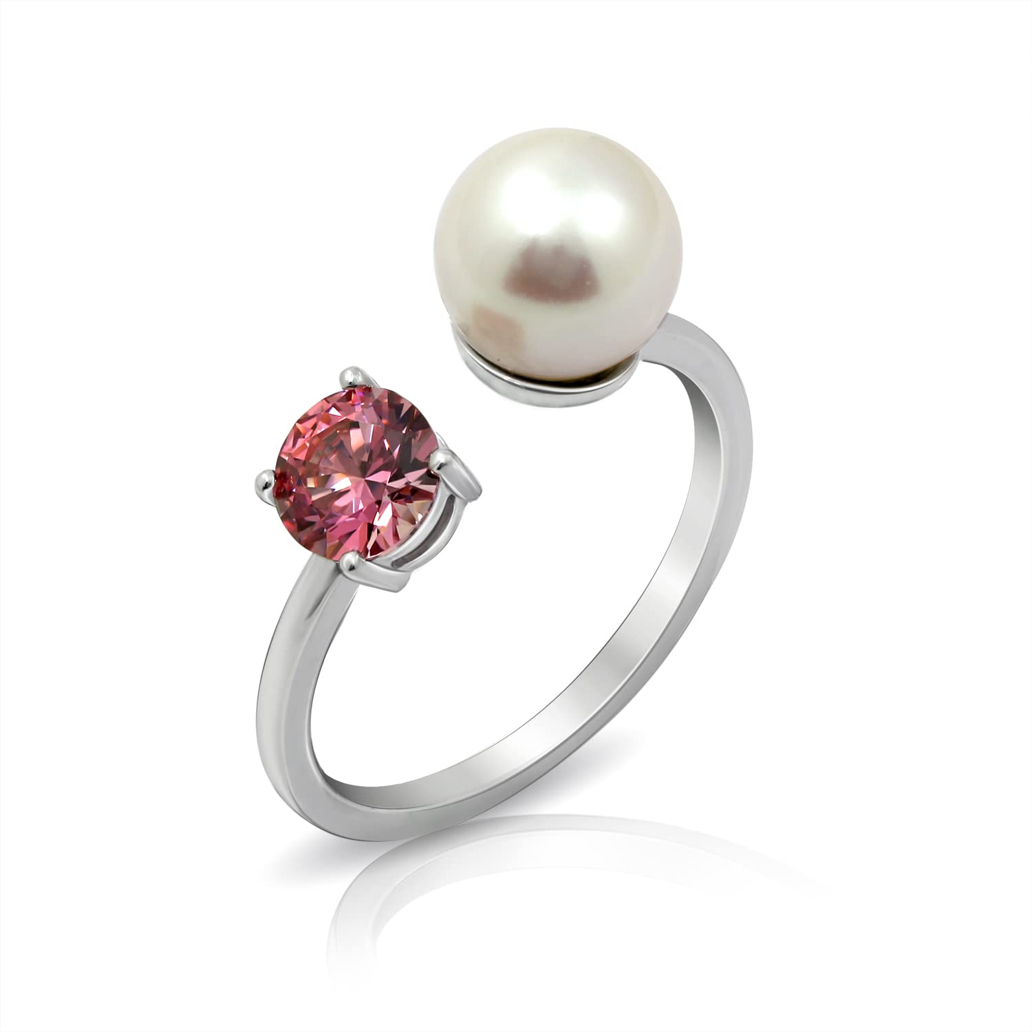 Amazon Essentials Platinum-Plated Sterling Silver Freshwater Pearl Open with Fancy Pink Infinite Elements Cubic Zirconia Accents Ring, Size 8 (previously Amazon Collection)