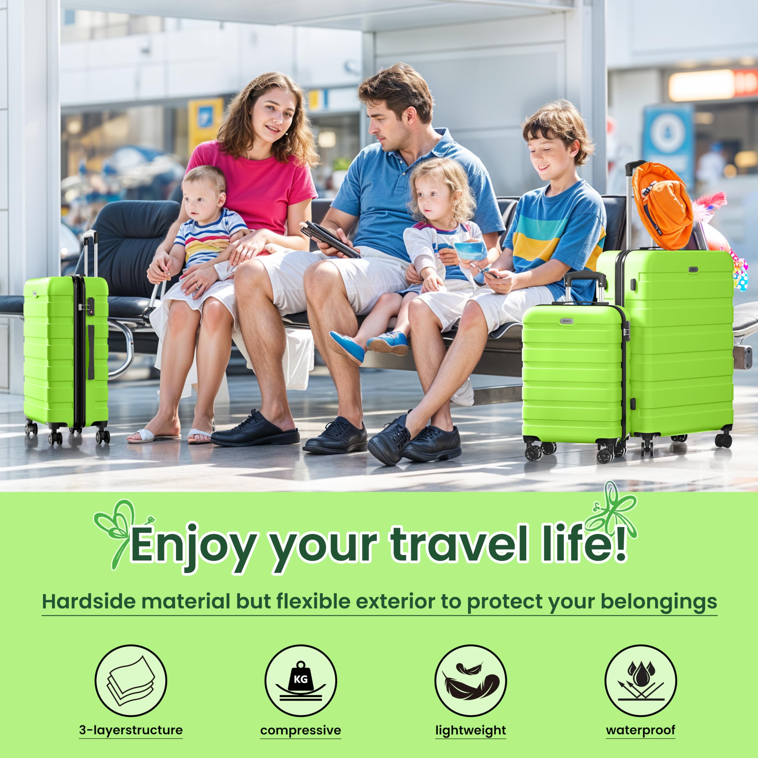 AnyZip Luggage PC ABS Hardside Lightweight Suitcase with 4 Universal Wheels TSA Lock Carry-On 20 Inch Apple Green