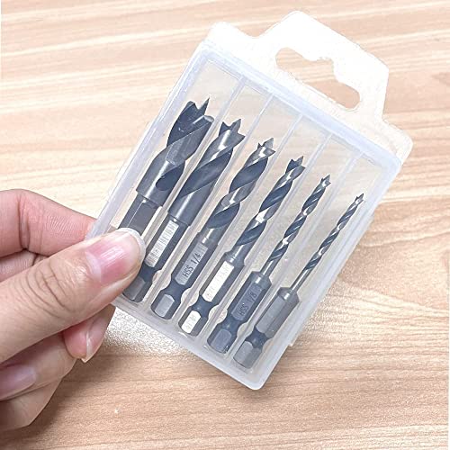 Bestgle 6 Pcs Brad Point Drill Bits(3/8", 5/16", 1/4", 3/16", 1/8", 3/32"), 1/4 Inch Hex Shank HSS Spiral Twist Wood Drill Bit Set for Soft, Hard, Veneered, Laminated Wood MDF Acrylic Woodworking Tool