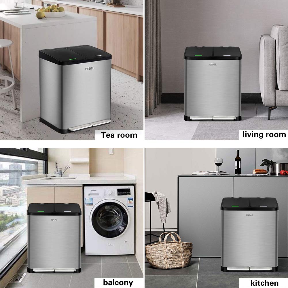 DBAL Trash Can Kitchen, 18 Liter Stainless Steel Trash Can 2 x 2.4 Gallon Soft Close Lid and Airtight Suit for Kitchen Office Home Use