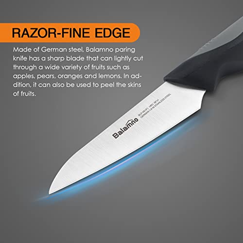 Balamno Paring Knife, 4 Inch Kitchen Knives for Fruits and Vegetables, German Steel Fruit Knife Tomato Cutter with Non-slip Ergonomic Grip, Injection Molding, Ultra Sharp