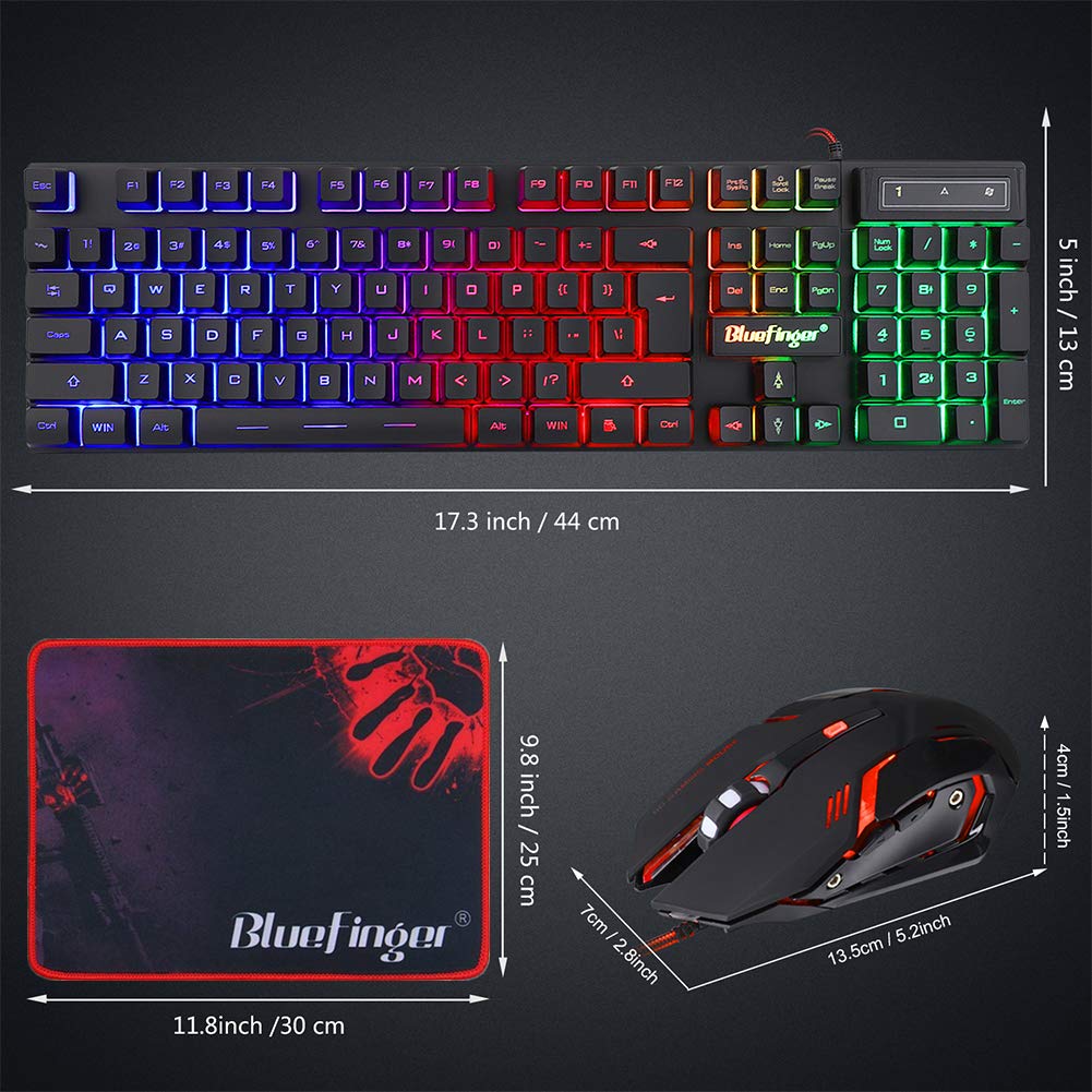 BlueFinger RGB Gaming Keyboard and Backlit Mouse Combo, USB Wired, LED Gaming set for Laptop PC Computer Game and Work