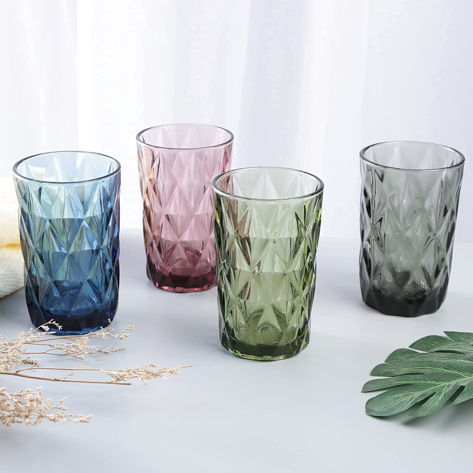 Bandesun Thick Glassware Drinking Glass set of 6 Diamond Kitchen Glasses Tumbler Cup(12 OZ),for Water,Cocktail,Milk,Juice and Beverage.
