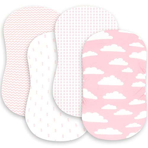 Bassinet Bed Sheets β Premium Bassinet Fitted Sheets 4 Pack β 100% Jersey Knit Cotton Cradle Sheets β Bassinet Bedding for Standard Size Oval or Halo Bassinet Pads β Bassinet Sheet for Girl