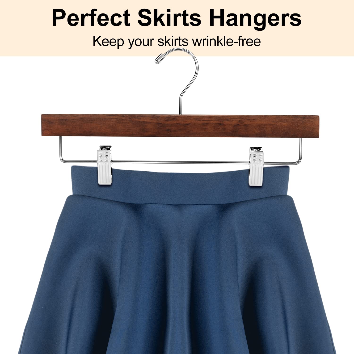 AMKUFO 20pcs Wooden Pants Hangers Solid Pants Hangers with Adjustable Clips 14 Inch Walnut Wood Skirt Hangers Trousers Bottom Hangers with Non-Slip Clips and 360° Swivel Hook