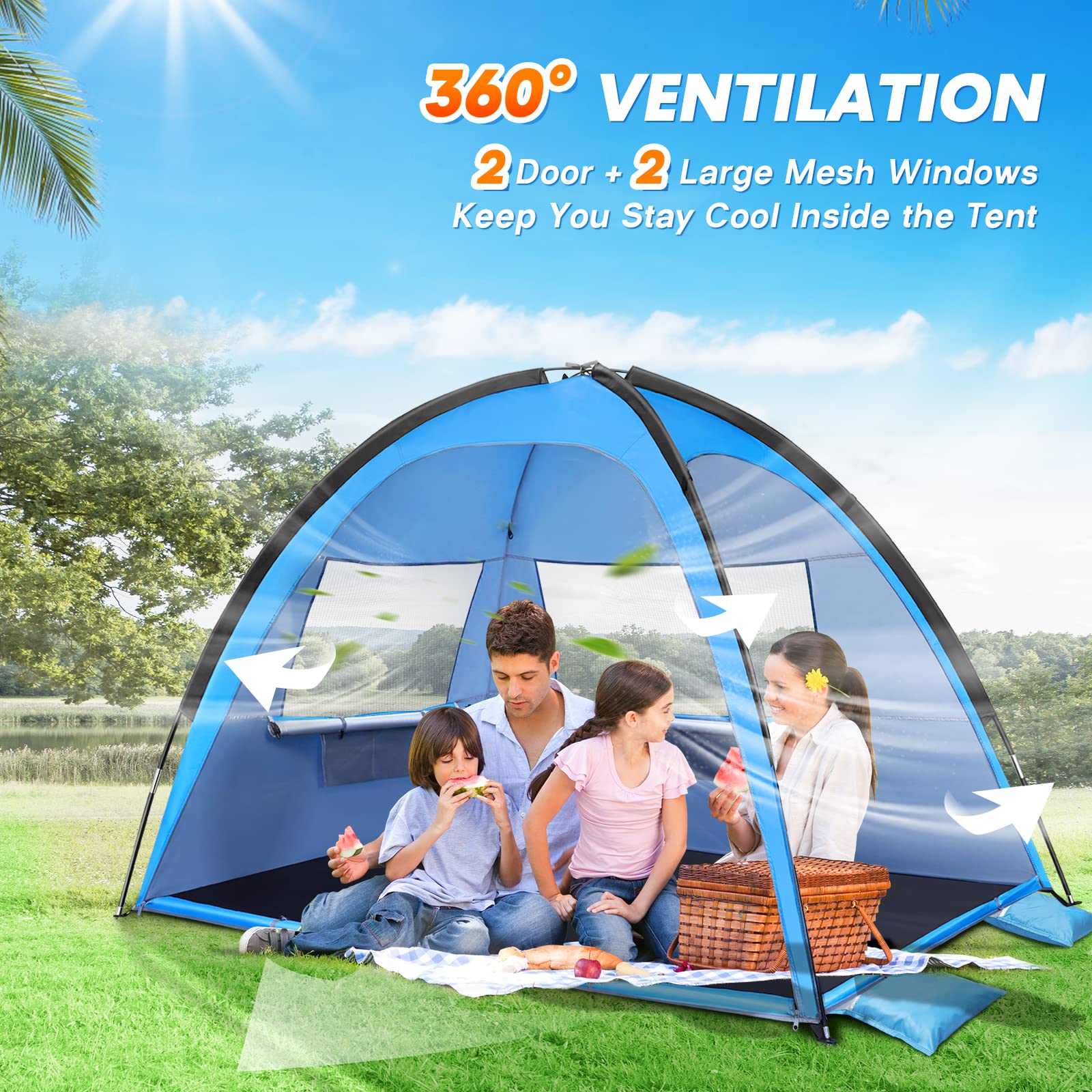 Beach Tent Sun Shade Shelter: 3-4 Person Large Anti-UV Windproof Portable Lightweight Tent Canopy Cabana with Extendable Floor Outdoor