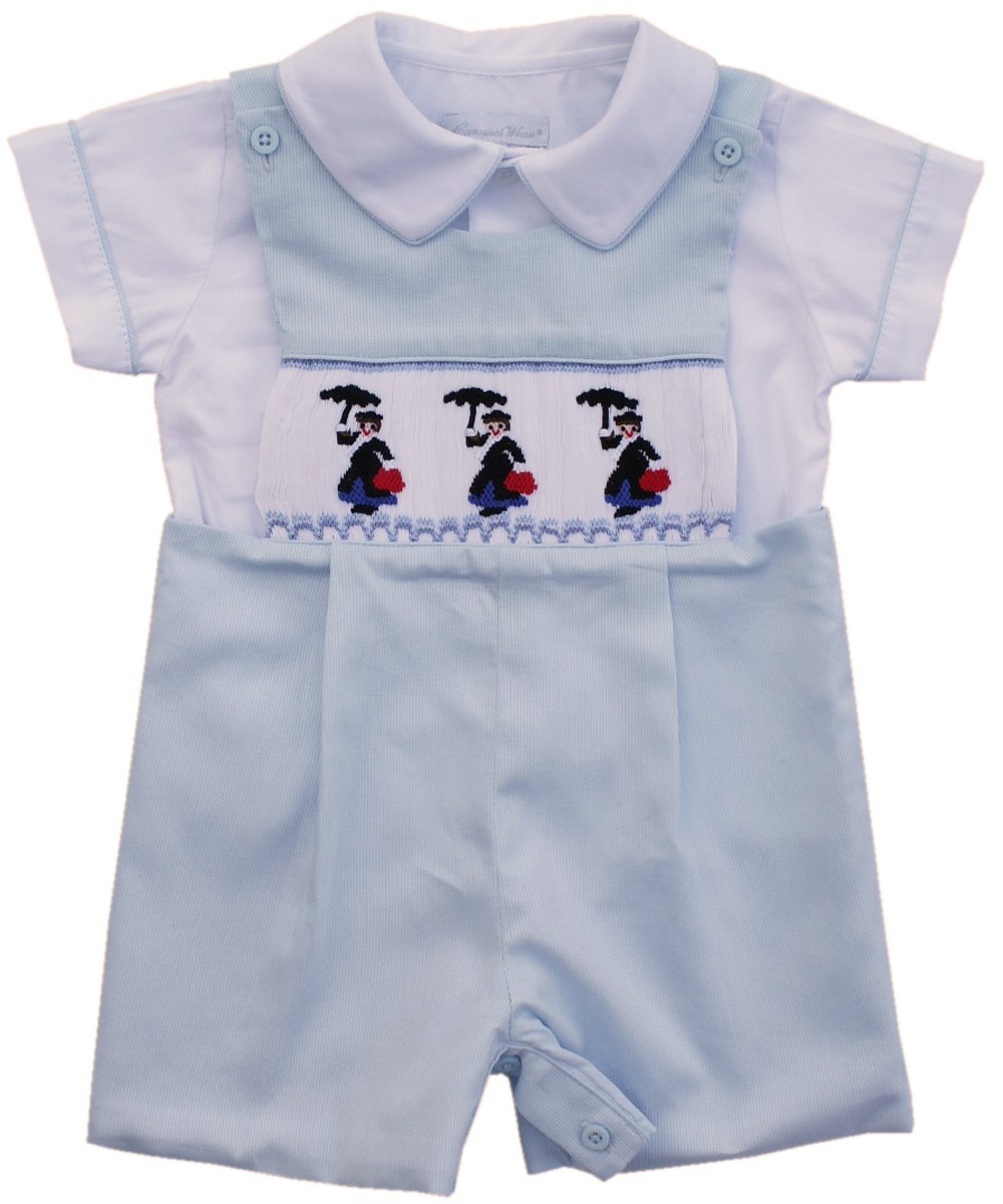 Little Boys Hand Smocked Mary Poppins Shortall John John with Shirt Blue