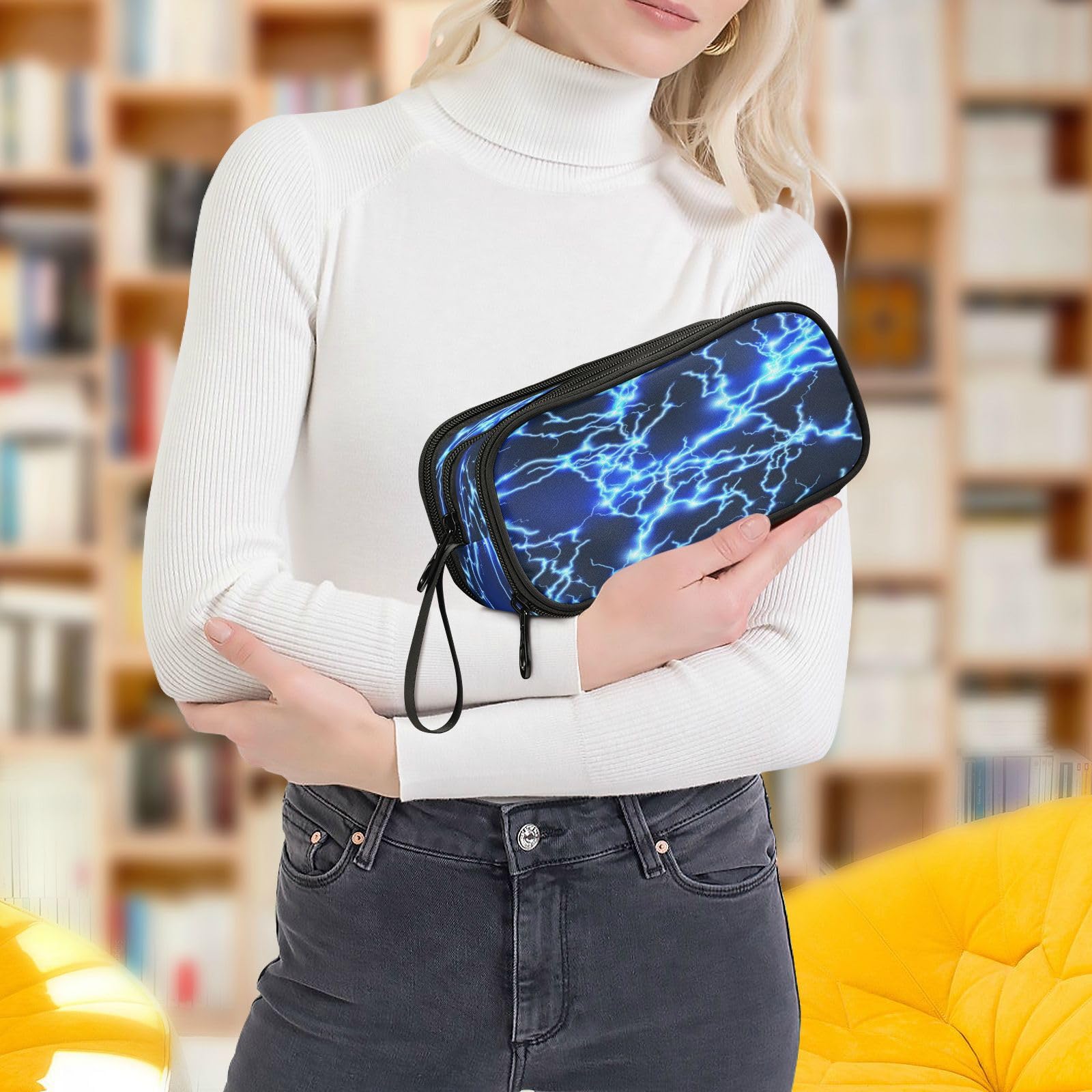 Caikeny Pencil Case Lightning Bolt Pen Bag Light Blue Large Capacity Pencil Box Pen Pouch with Zipper Cosmetic Organizer for Kids Teens Adults