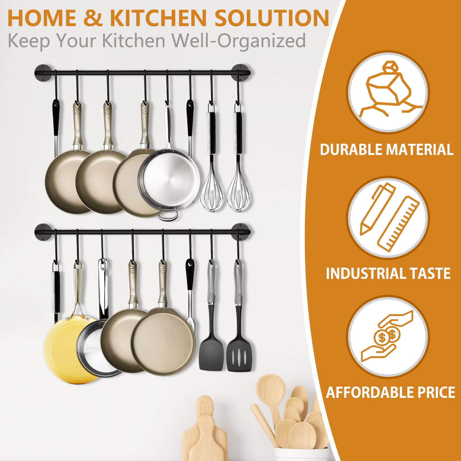 Black Steel-made Kitchen Utensil Rack Organizer Wall-mounted Pot Pan Wall Hanger Holder For Hanging Rail with 10 S Hooks