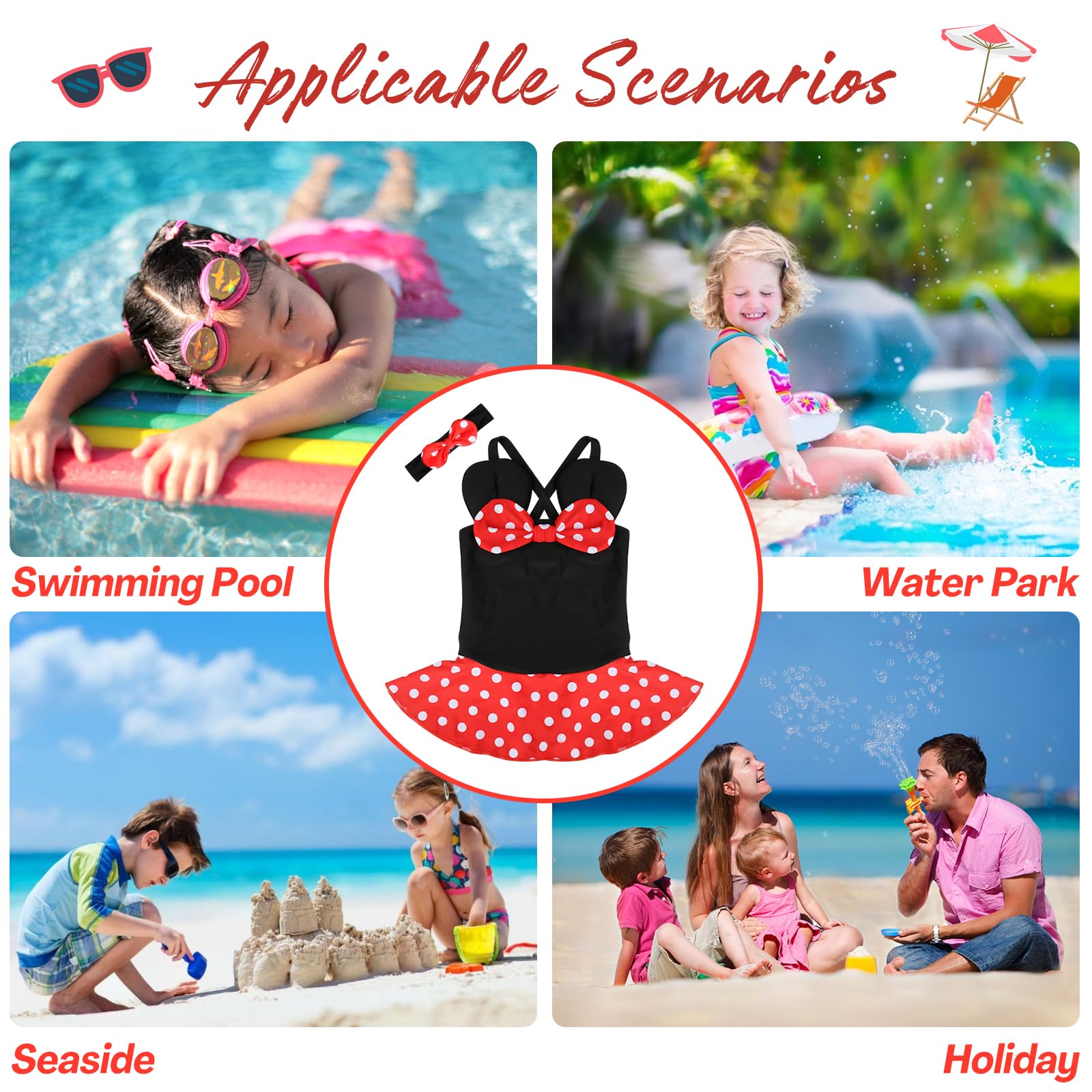 Kid Toddler Baby Girls Bathing Suit Bow Dot One Piece Swimsuit Swimwear, Red Black, Large