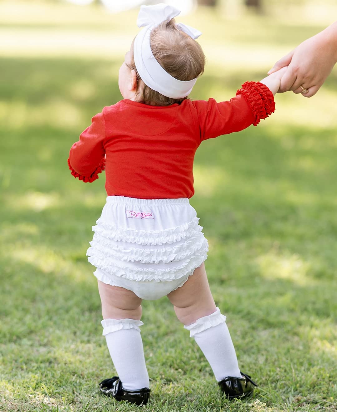 RuffleButts® Baby/Toddler Girls Toddler White Knit Cotton Ruffle Nappy Cover - 12-18m