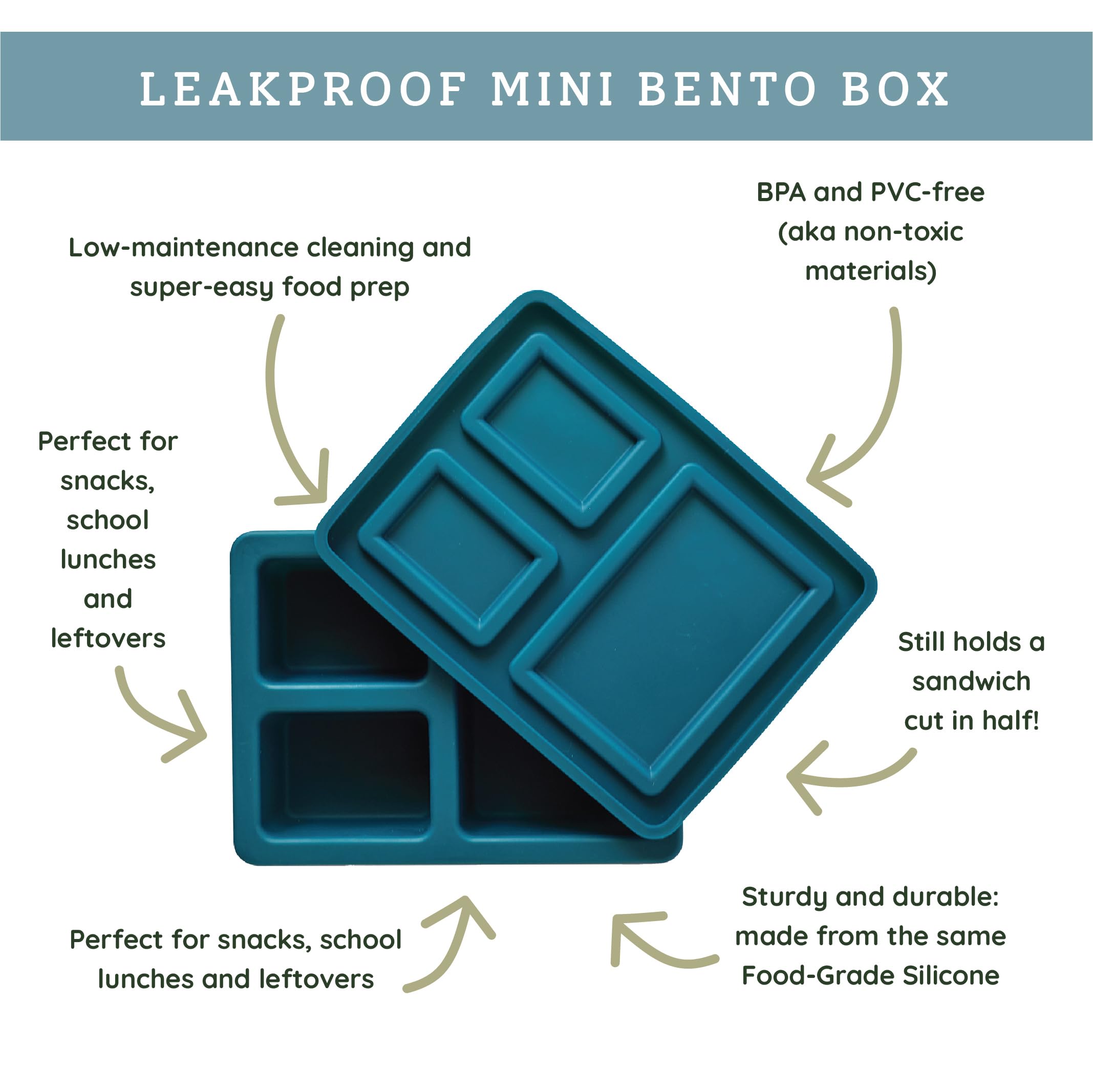 Austin Baby Co Leak-Proof Mini Bento Lunch Box for Kids β Silicone Container with 3 Leakproof Compartments β Food-Safe Materials, Dishwasher Safe, and BPA Free (Space)