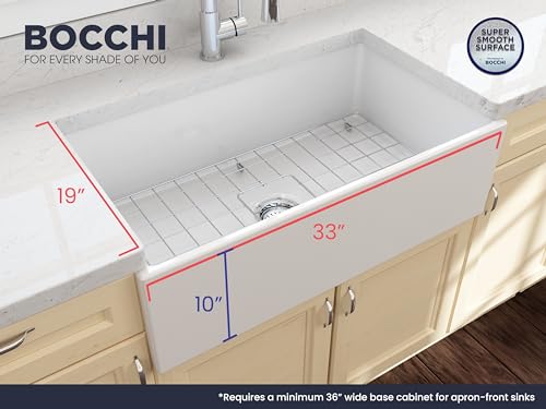 BOCCHI Contempo Farmhouse Apron Front Fireclay 33 in. Single Bowl Kitchen Sink with Protective Bottom Grid and Strainer in White