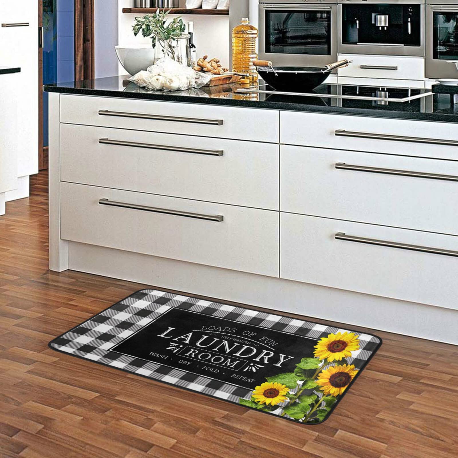 Black White Buffalo Plaid Laundry Room Rugs Sunflower Non Slip Laundry Mats Farmhouse Kitchen Floor Mat Bathroom Laundry Room Decor Accessories 39" X 20"