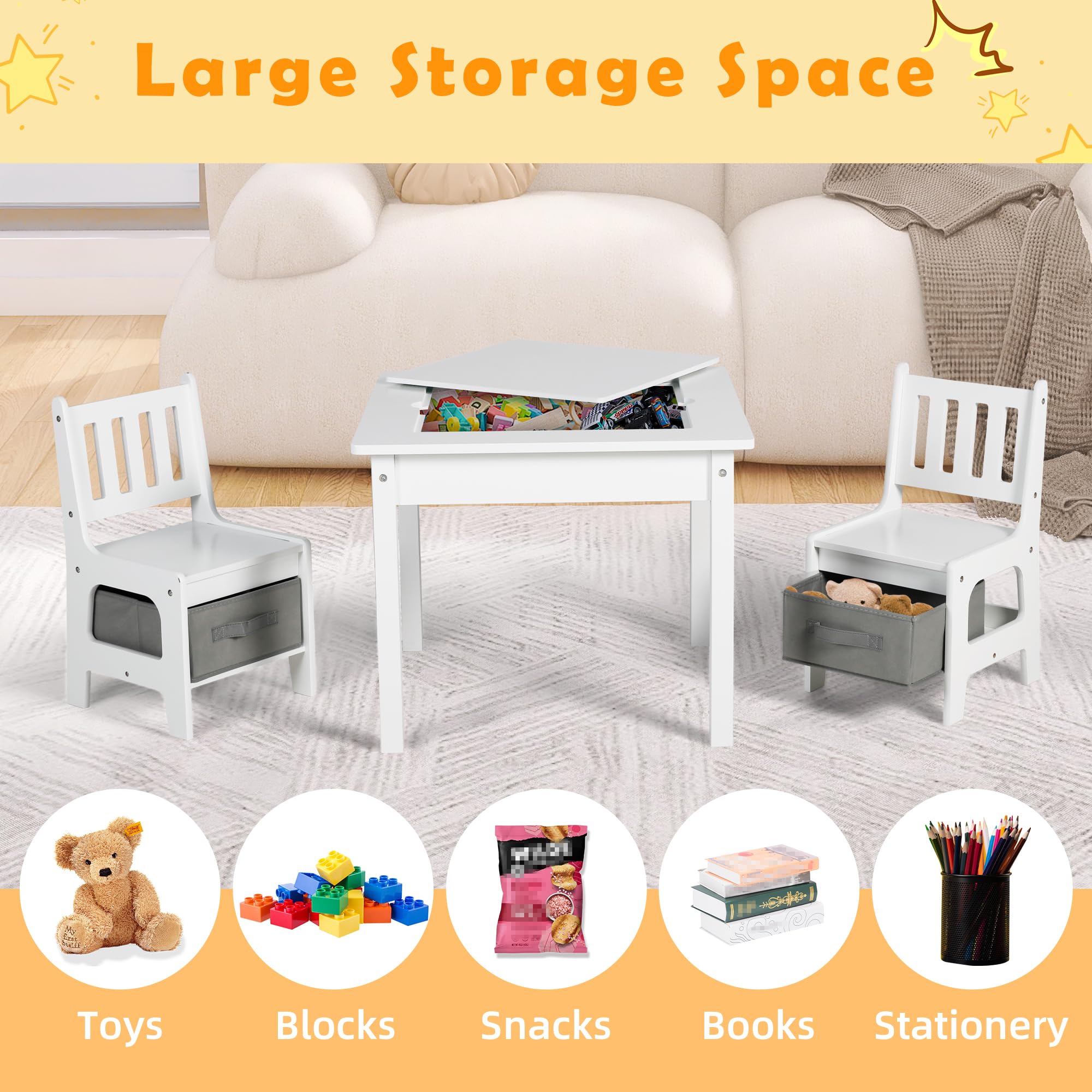 Kinder King Kids Wood Table & 2 Chairs Set, 3 in 1 Kids Construction Play Table, Toddler Activity Table w/Storage Space, Building Block Table for Child Art, Crafts, Reading, Playing, Grey