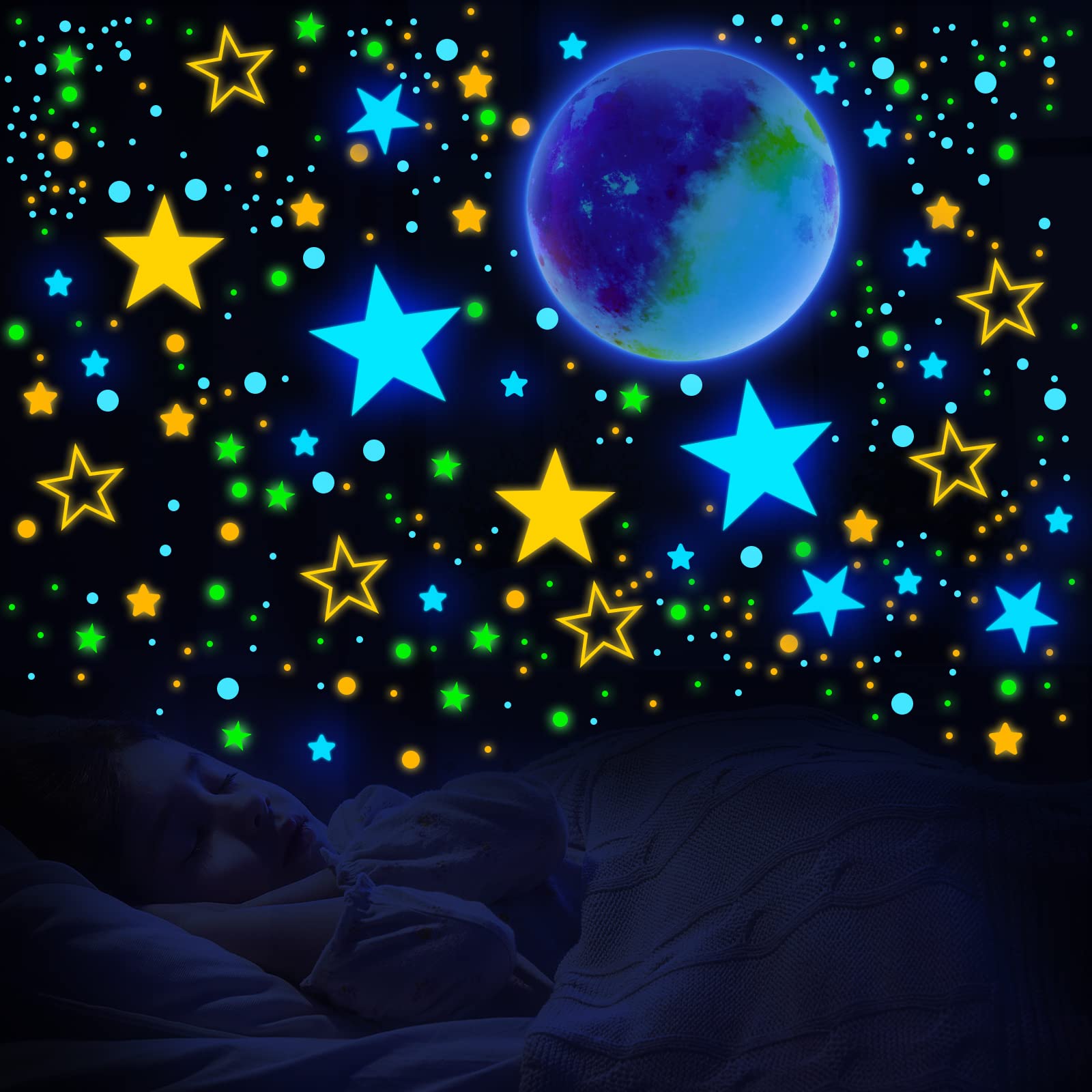 Eersida Glow in The Dark Stars and Moon for Ceiling, 1560 Pieces Full Wall Decals Set, 3 Colors Star Stickers Kids Bedroom, Living Room, Nursery Party Decor