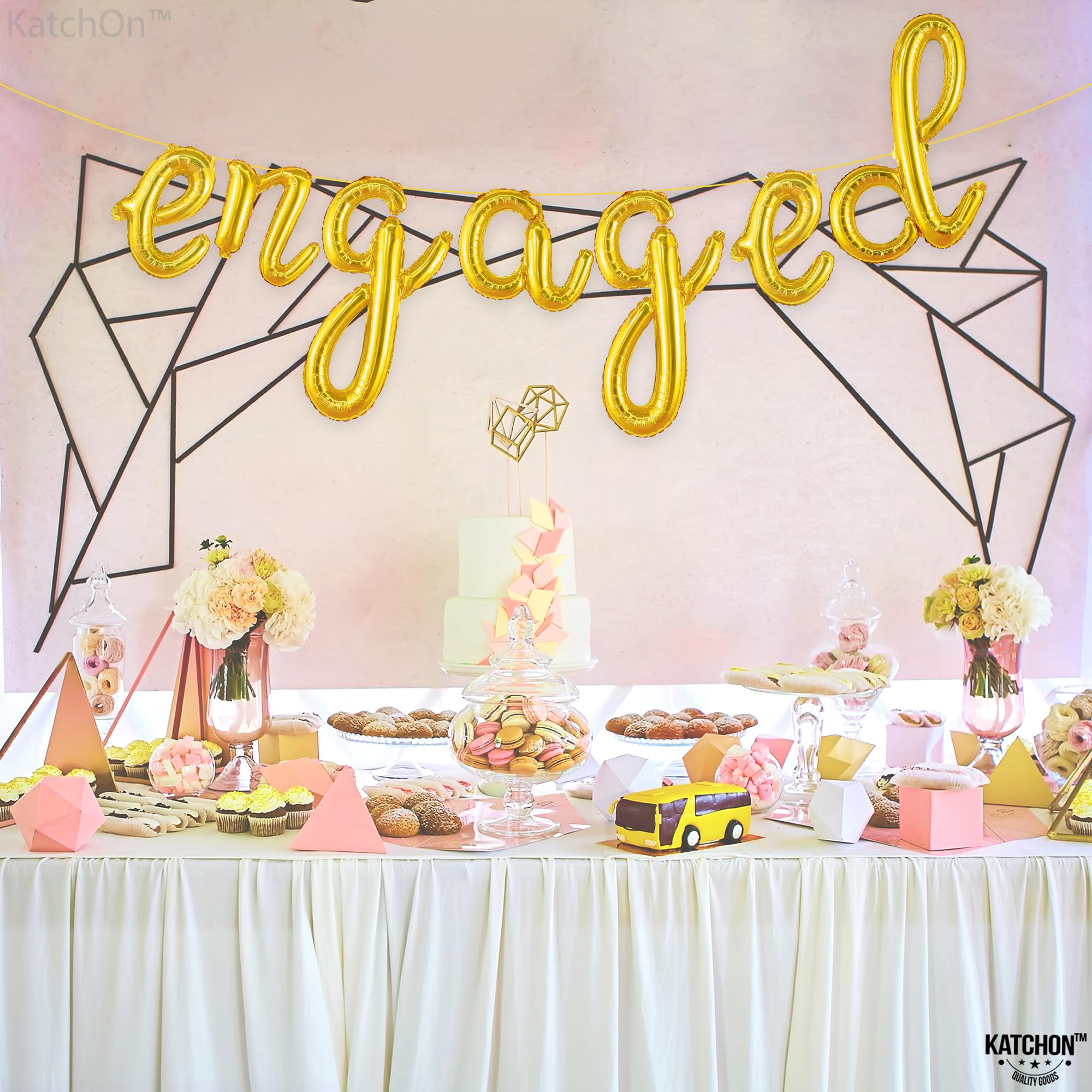 KatchOn, Cute Gold Engaged Balloons Letters - 10 Feet | Engagement Balloons for Engagement Party Decorations | Engaged Banner, Engagement Decorations | Bachelorette Party Decorations, Engaged Sign