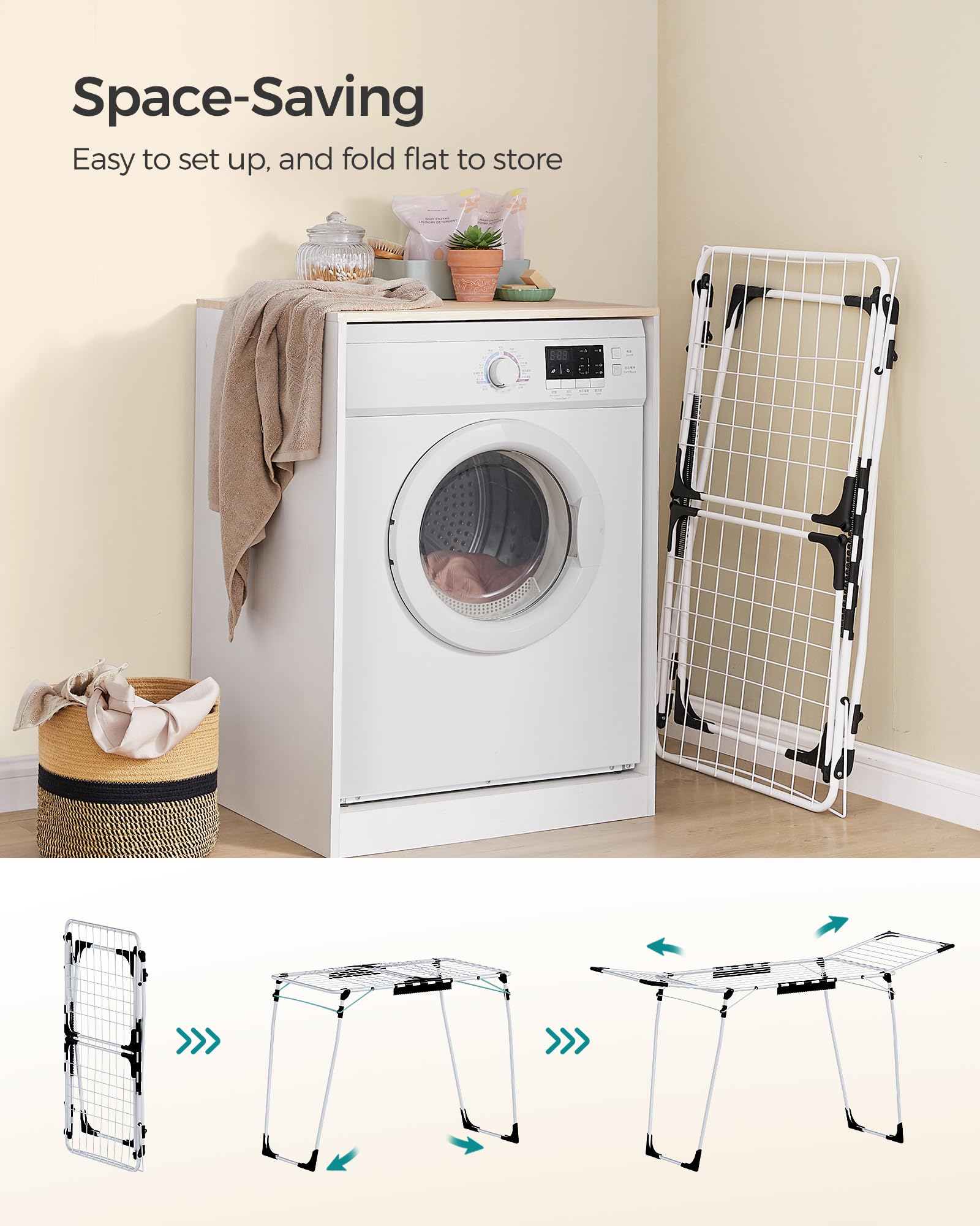 SONGMICS Clothes Drying Rack Foldable, Gullwing Laundry Drying Rack, Space-Saving, 22.2 x 68.1 x 38 Inches, Sock Clips, Metal Structure, for Clothes, Towels, Linens, Indoor, Outdoor White ULLR518W01