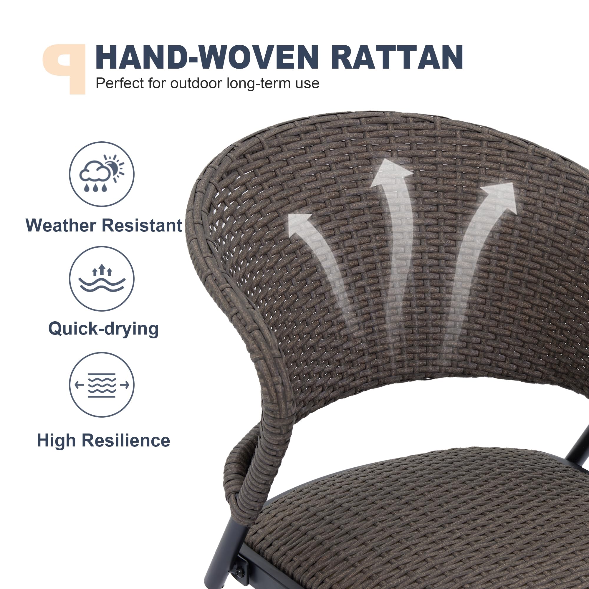 VICLLAX Outdoor 180-Degree Swivel Bar Stools Set of 2, Rattan Tall Patio Chair for Garden Pool Lawn Backyard, Brown