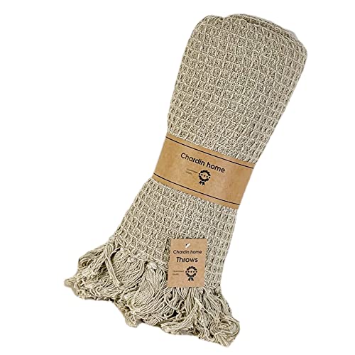 Chardin home Stonewash Beige Waffle Weave Throw, 50x60 Inch 100% Cotton- Large, Wearable, Breathable, Skin-Friendly & Cozy Everyday use Blanket for Couch, Bed, Sofa - Soft & Lightweight Picnic Throw