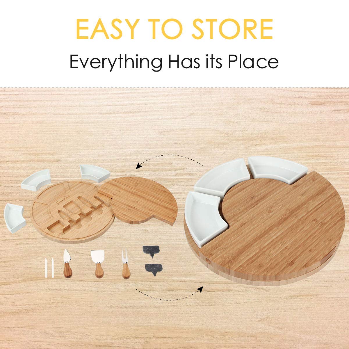Bamboo Cheese Board SetāServing Tray and Cheese Serving Platter Round Cheese Board and Knife Set for Cracker and Brie Large Charcuterie Board Set and Cheese Tray for Housewarming Gift-Round