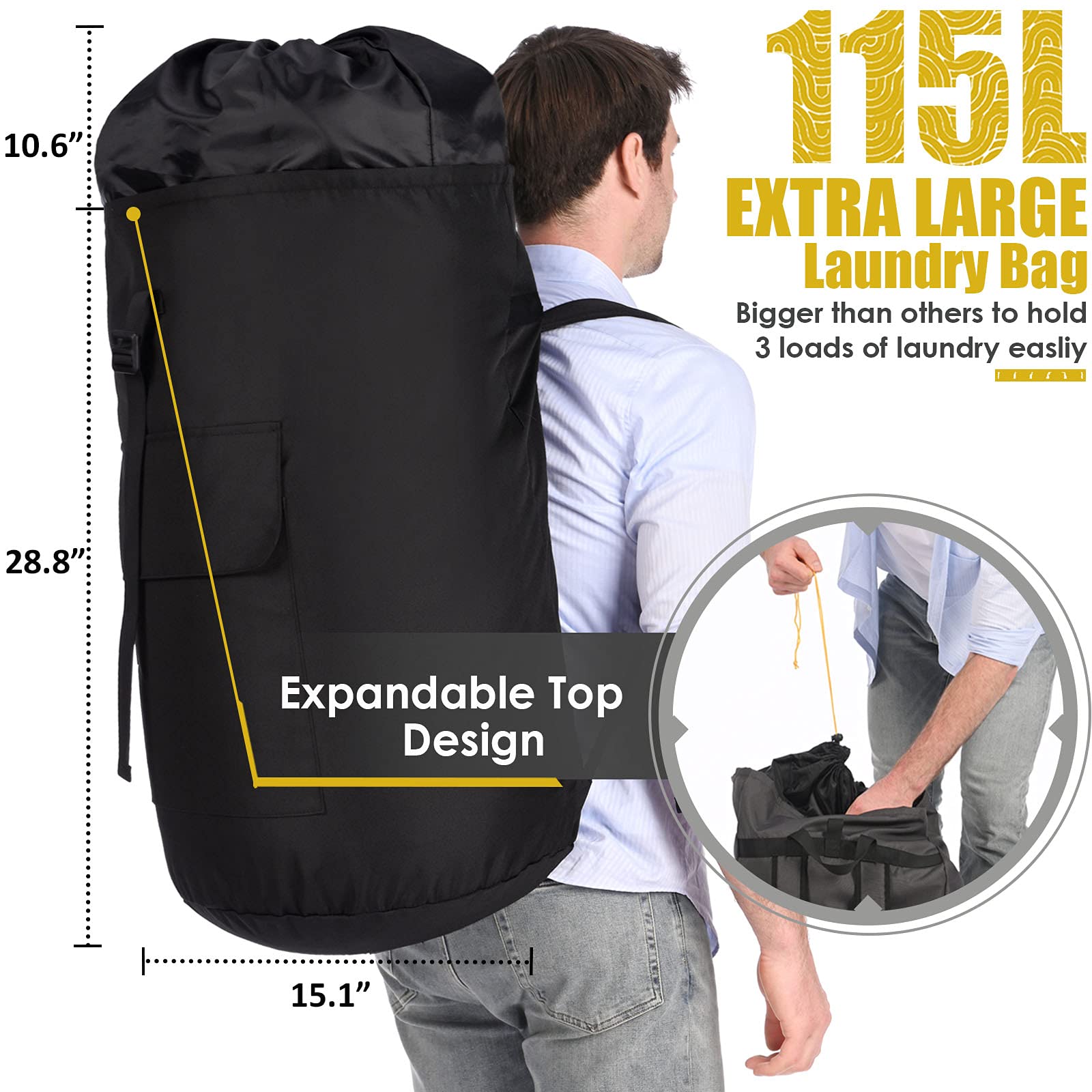 Ãzhido Backpack Laundry Bag, 115L Laundry Bag Heavy Duty Extra Large, Sturdy Laundry Backpack, Portable Laundry Bag with Straps, Laundry Bag Backpack for College Dorm, Apartment, Laundromat