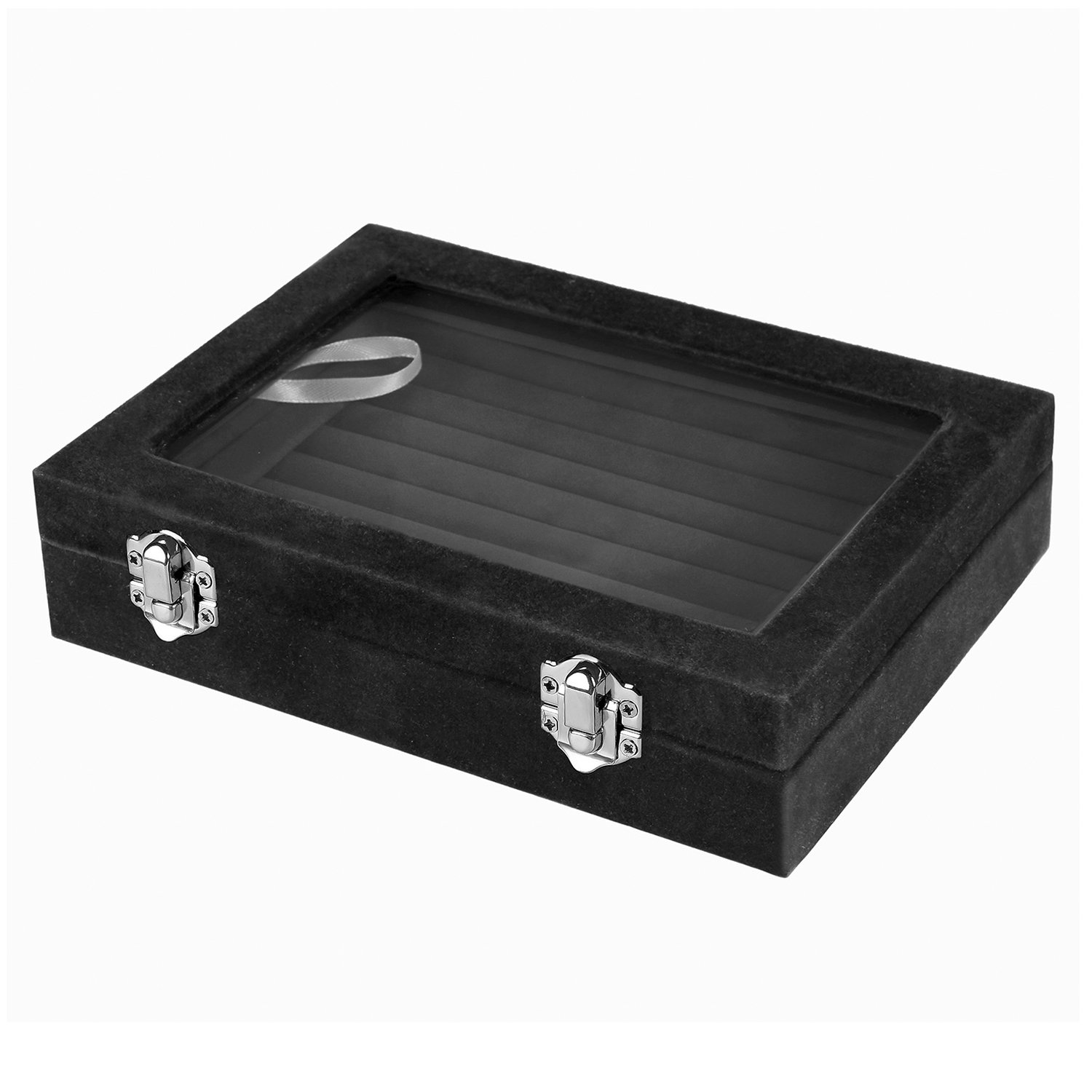 Basuwell Earring Storage 7 Slots Velvet Jewelry Tray for Drawers Glass Clear Lid Showcase Display Ring Organizer Earring Ring Trays Holder Cufflink Showcase-Black