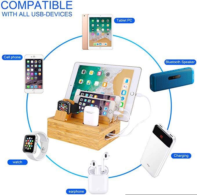 Bamboo Charging Station for Apple Multiple Devices Wood Desk Organizer and Accessories,Desk Drawer Organizer Extended Port Cell Phone Docking Station for iPhone Ipad Apple Watch Airpods