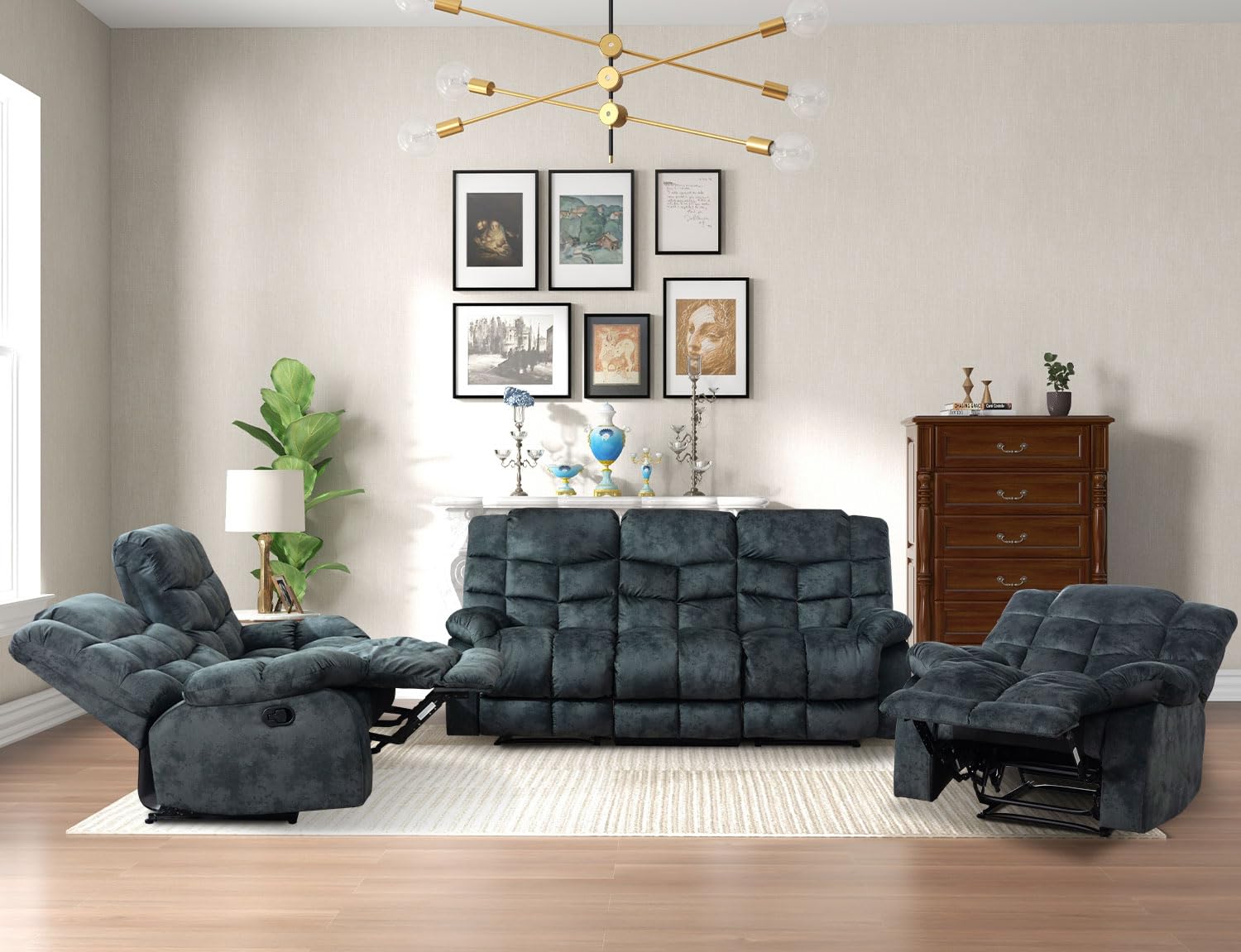 CANMOV Manual Reclining Sofa, 3 Seat Recliner Sofa with Armrest and Overstuffed Backrest, Couch Set for Living Room, Bedroom, Office, Grey