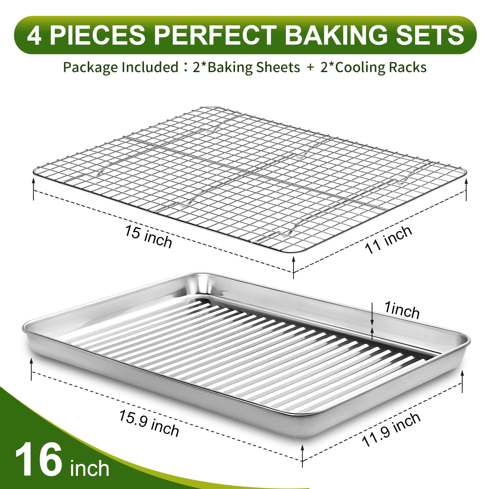 Baking Sheet with Wire Rack Set (2 Baking Pans + 2 Cooling Racks), CEKEE Stainless Steel Cookie Sheets for Baking Sheet Pan Tray, Jelly Roll Pan, Warp Resistant & Heavy Duty, Size 16 x 12 x 1 Inches
