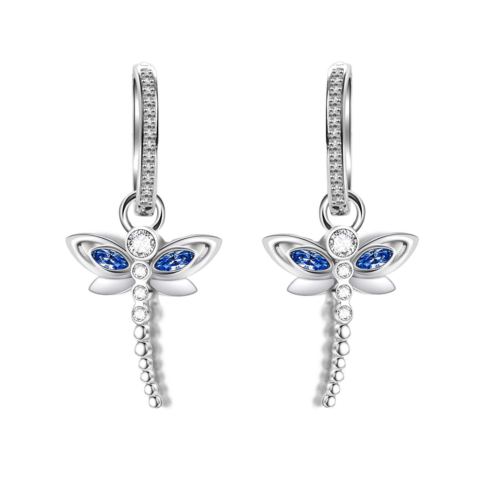 AOBOCO Dragonfly Earrings Sterling Silver Hoop Earrings with Simulated Light Sapphire Crystals from Austria, Adorable Insects in The Garden Series, Hypoallergenic Dragonfly Jewelry Gifts for Women