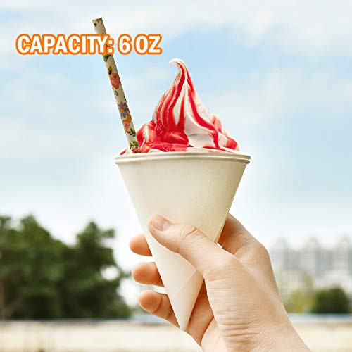 AQUEENLY 100 Snow Cone Cups, Wax Coated Leakproof Cone Paper Cups for Slush, Shaved Ice, Water - 6OZ, White