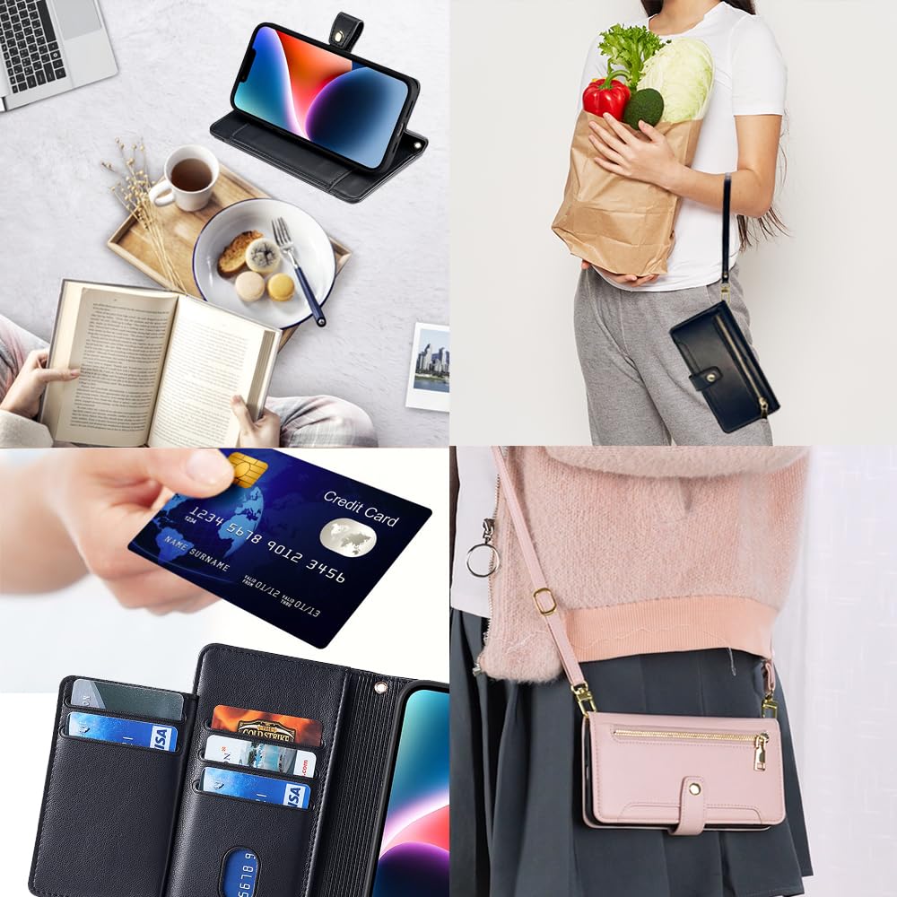 Arseaiy Wallet Case for OPPO Realme X50 Pro Flip Phone Case with Crossbody Strap Magnetic Handbag Zipper Pocket PU Leather Shockproof with Kickstand Phone Shell Black