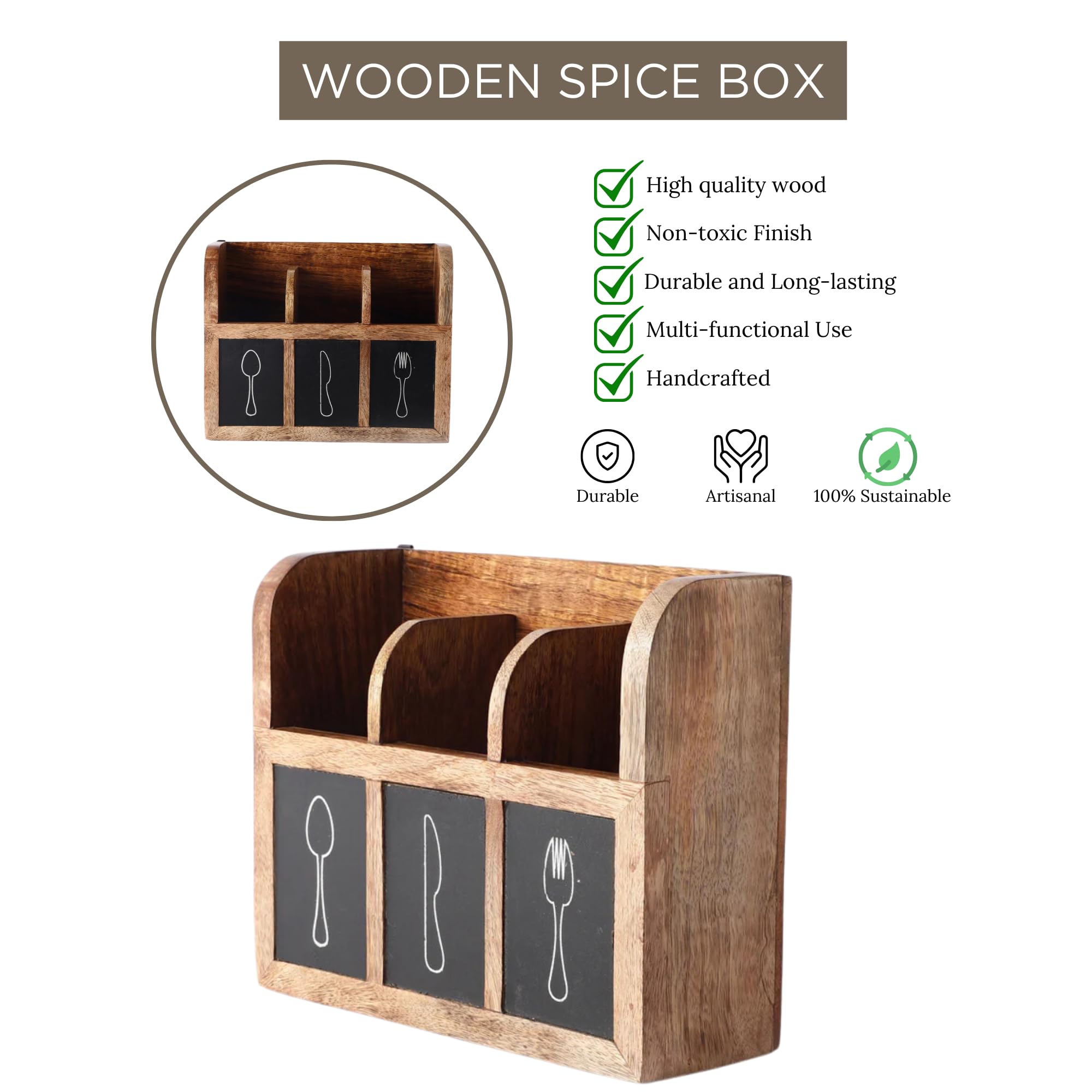 CASA INDIA Natural Wood Countertop Organizer 3-Compartment Utensil Caddy with Wooden Handle 11.5 X 9 inch
