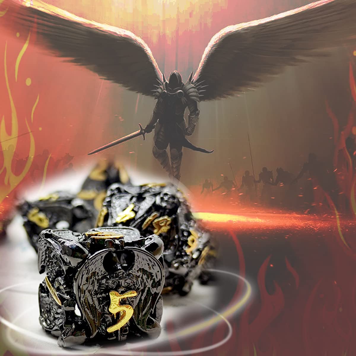 AllInDOOR Skull DND Dice Hollow Metal D&D Polyhedral Role Playing Game Dice 7pcs TRPG Accessories (Black Gold Numbers, Easy to Read)