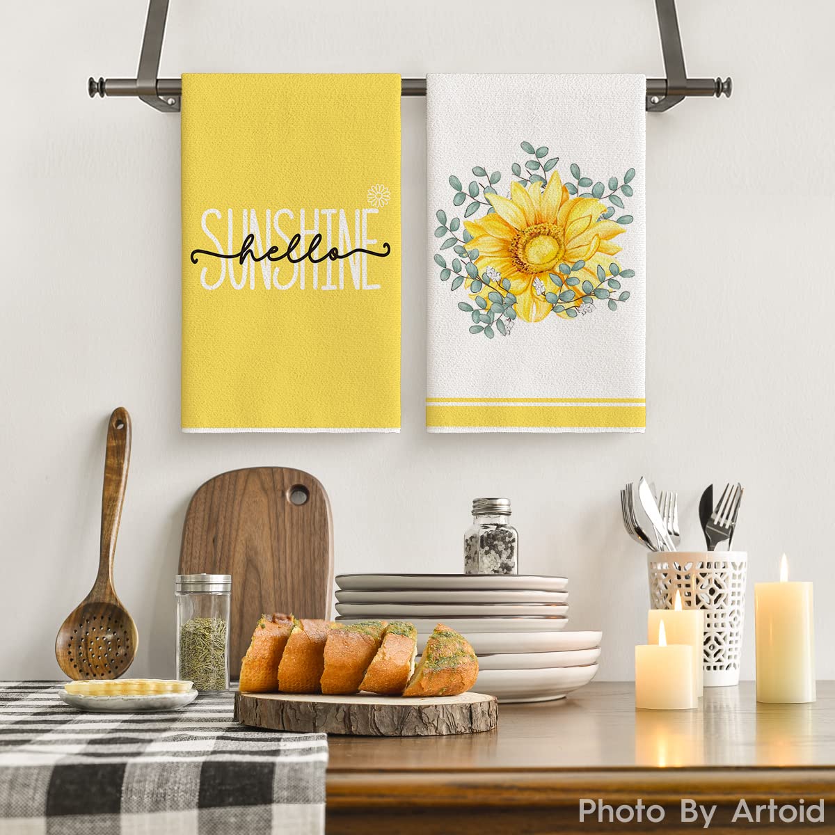 Artoid Mode Eucalyptus Leaves Sunflower Summer Kitchen Towels Dish Towels, 18x26 Inch Hello Sunshine Holiday Decoration Hand Towels Set of 2