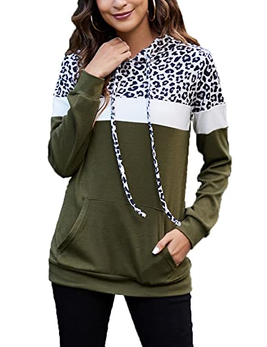 Bluetime Women Pullover Sweatshirt with Pocket Color Block Long Sleeve Fall Tops Shirts Leopard Hoodies (XL, Leopard Olive Green)