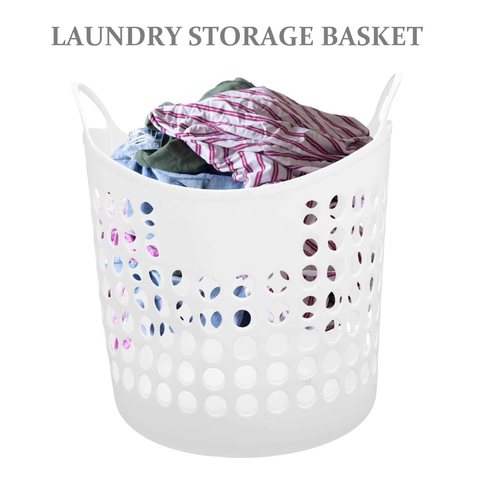 Amosfun Flexible Laundry Basket, Hollow Laundry Baskets With Handle Wide Mouth Hamper Plastic Dirty Clothes Storage Basket Toy Bin for Clothes Bedroom Storage, White 30L