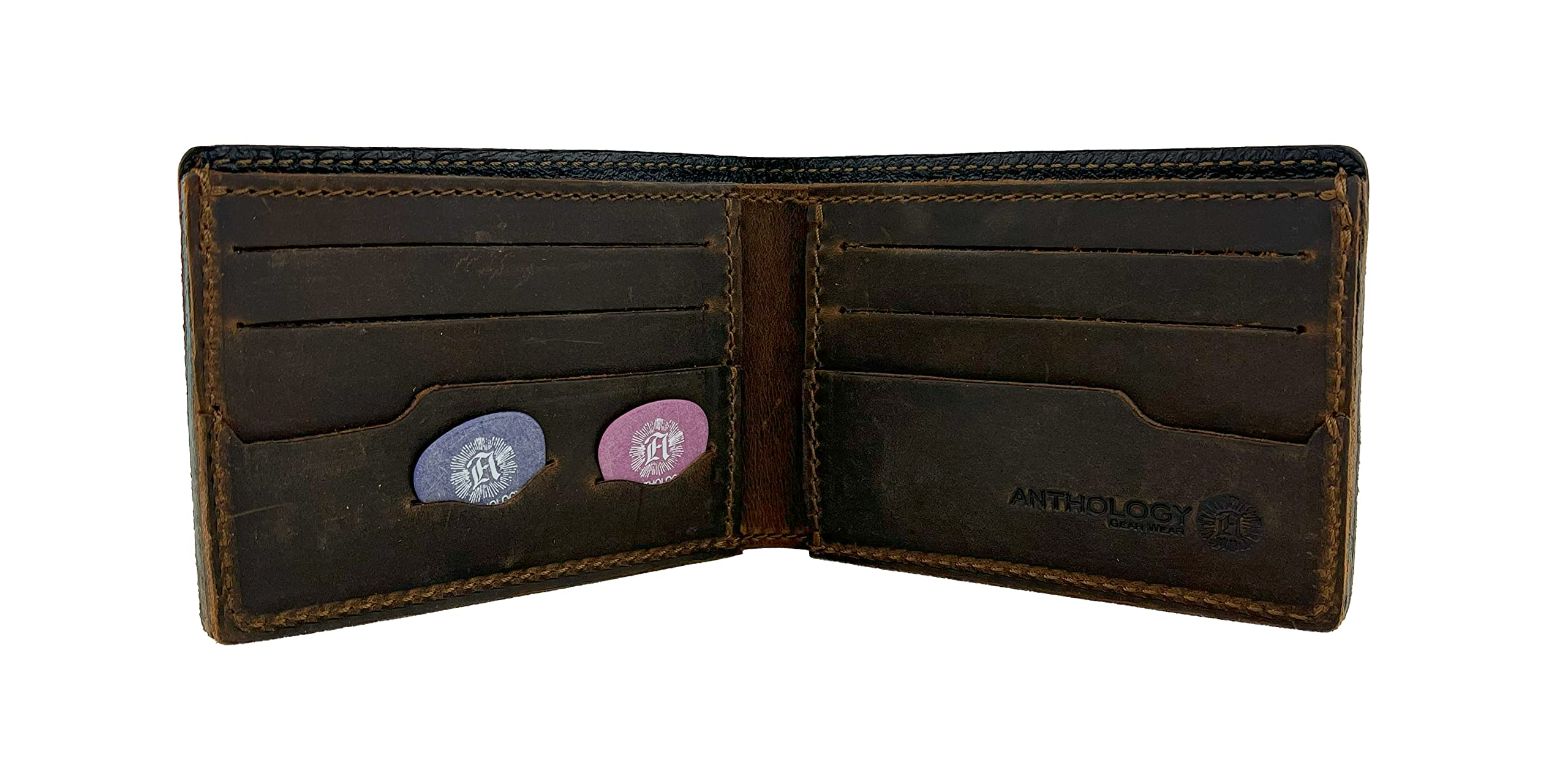 Anthology Gear Minimalist Bi-fold Leather Wallet - with Guitar Pick Holder Full Grain Leather (Whiskey Brown)