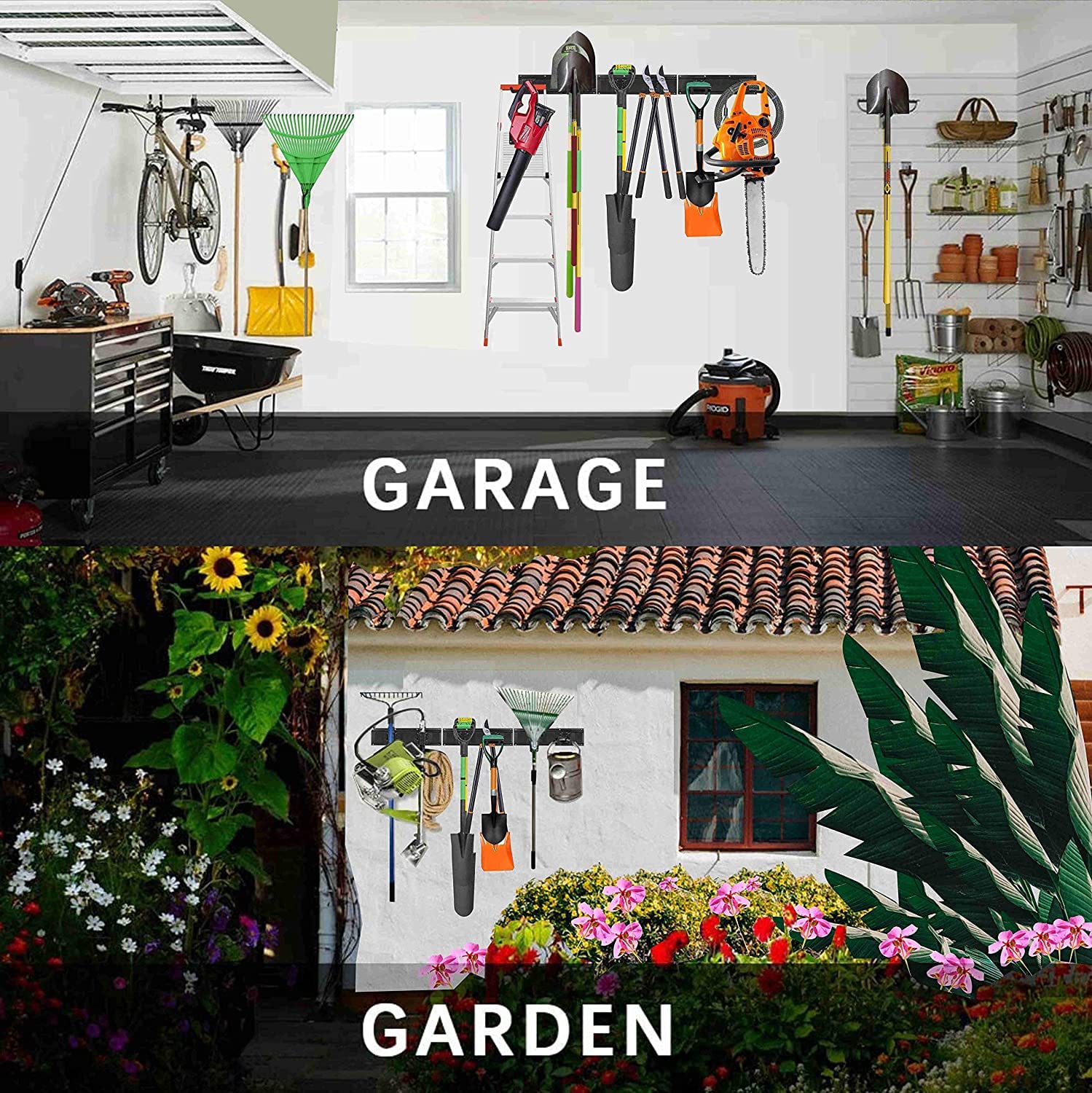 Waturis Garage Organizer Wall Mount, 64 Inch Garage Storage Organization, 20PCS Heavy Duty Garden Tool Organizer, Adjustable Tool Storage Rack Hooks, Yard Shed Tool Organizer, Hold Max 900 lbs