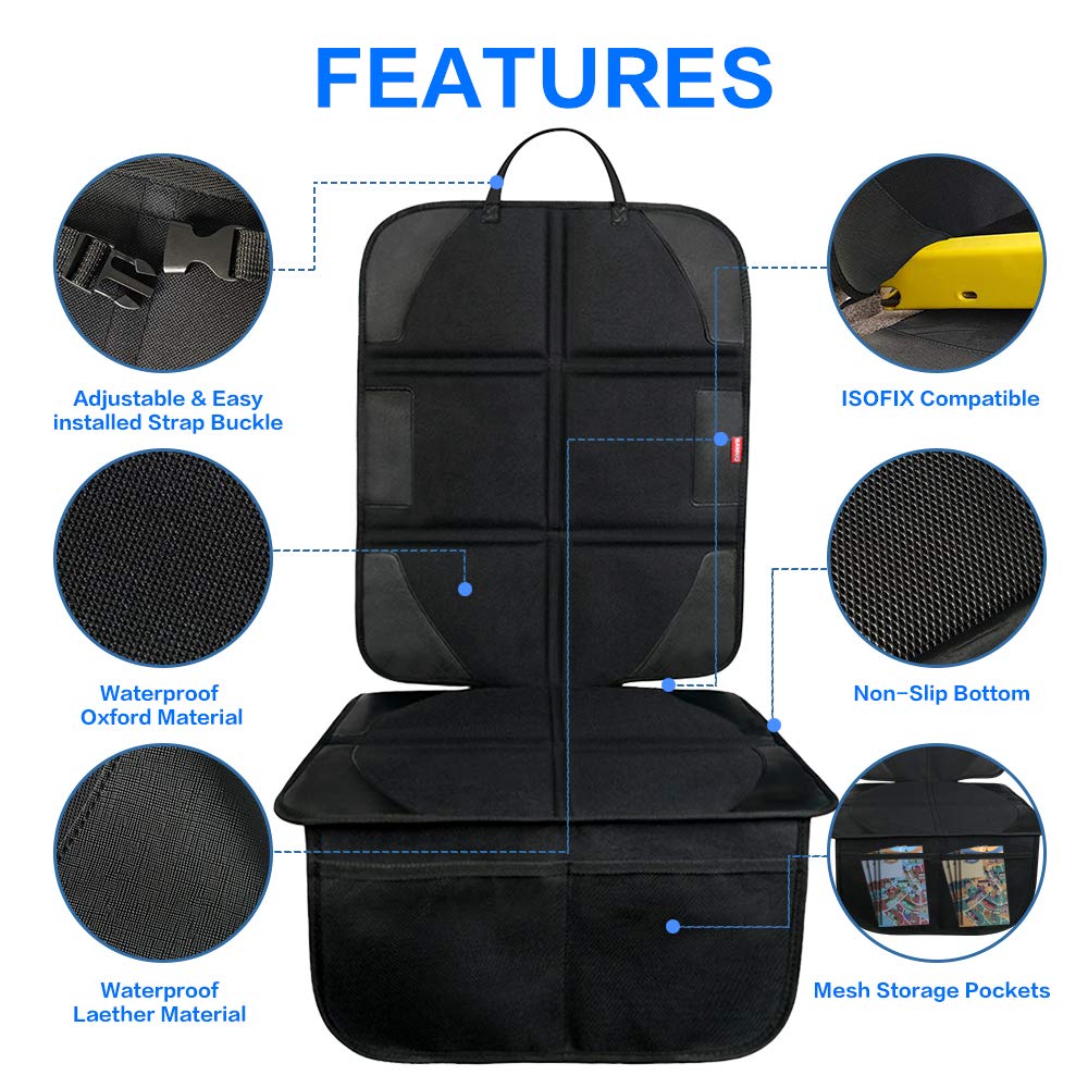 BANNIO Car Seat Protector, (2 Pack) Waterproof 600D Car Seat Protector for Child Car Seat with Organizer Pockets,Leather Seat Protector with Thickest Padding for Baby and Pet,Black
