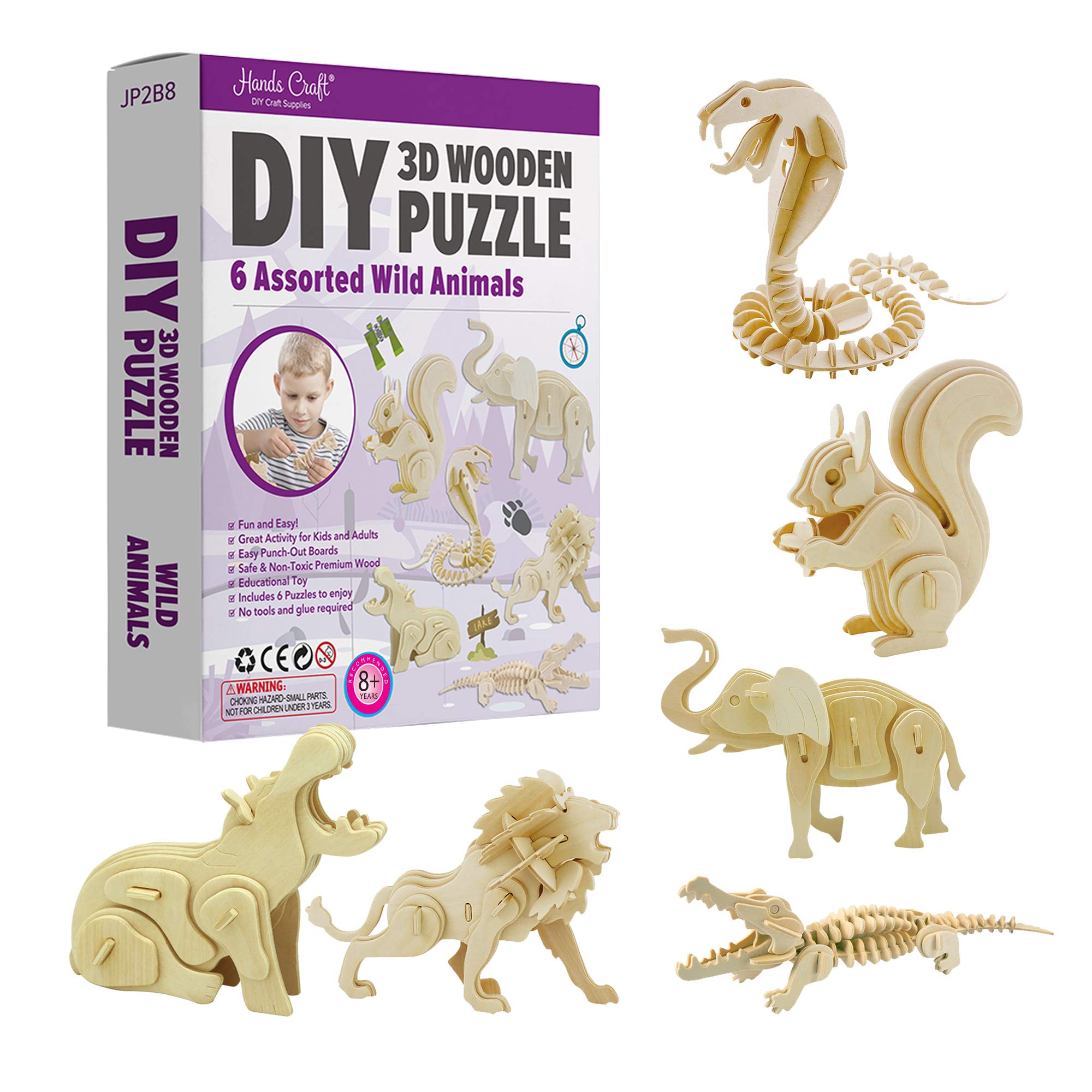 Hands Craft DIY 3D Wooden Puzzle – 6 Assorted Wild Animals Bundle Pack Set Brain Teaser Puzzles Educational STEM Toy Adults and Kids to Build Safe and Non-Toxic Easy Punch Out Premium Wood JP2B8
