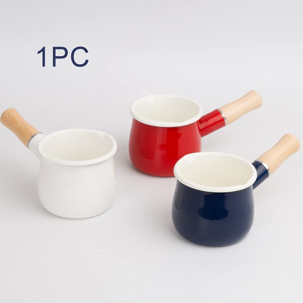 Enamel Milk Pan, Mini Butter Warmer with Pour Spout, 550ml Enamelware Saucepan Milk Warmer with Wooden Handle Small Cookware for Heating Milk, Melting Butter, Boiling Water(White)